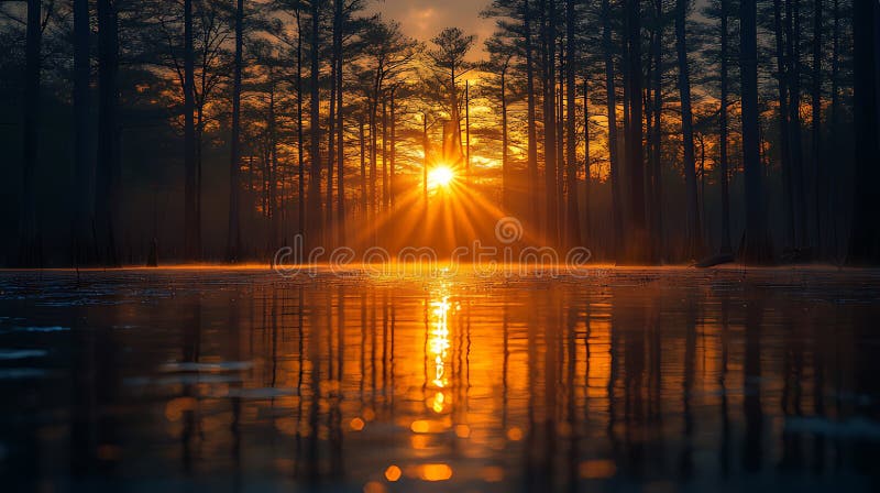 Sunrise Swamp Reflection, Misty Trees, Tranquil Dawn Stock Illustration ...