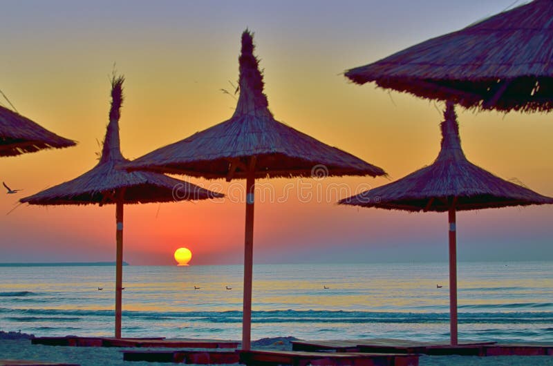 Sunrise Under Parasol on the Beach Stock Photo - Image of outdoor, blue ...