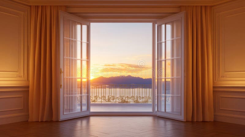 Sunrise View from Elegant French Doors and Balcony Stock Illustration ...