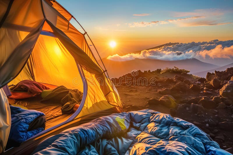 Sunrise View from Inside a Tent at a High-altitude Mountain Campsite ...