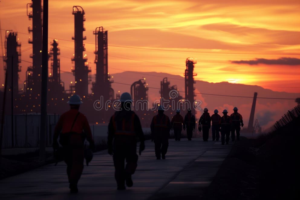 Sunrise View of Refinery Silhouette with Workers Arriving Stock Image ...