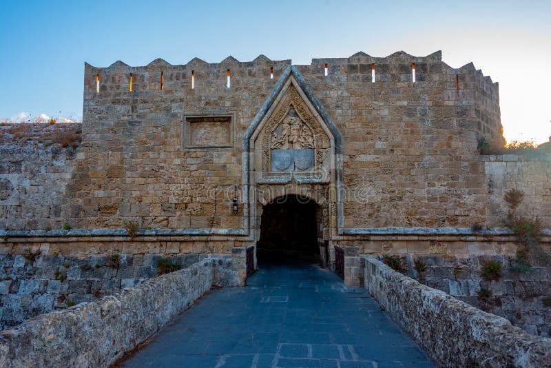 Sunrise View of the Saint Athanasios Gate of Rhodes in Greece Stock ...