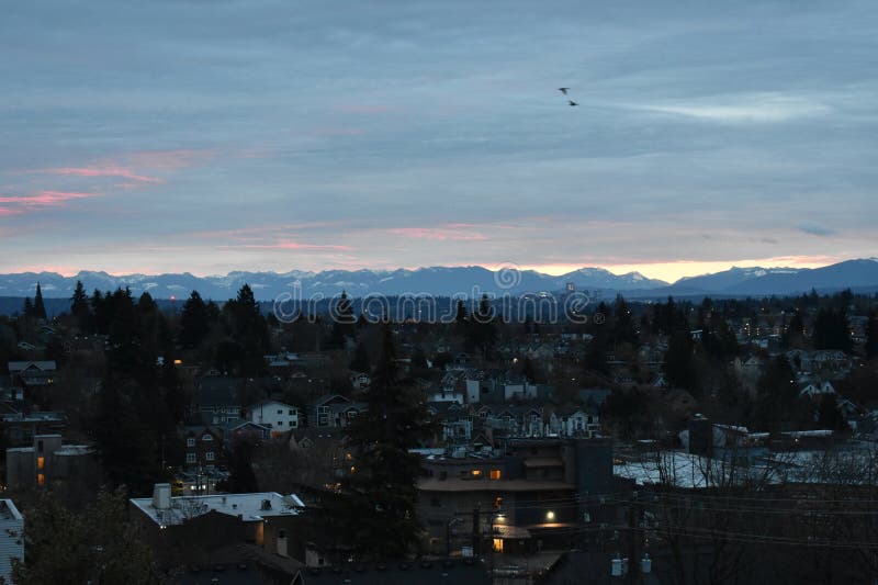 Sunrise View of Seattle Washington and Cascade Mountains Stock Photo ...