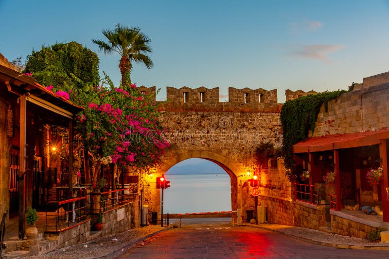 Sunrise View of Virgin Mary Gate at Rhodes in Greece Stock Photo ...