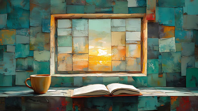 Sunrise View through Window, Book & Cup, Stone Wall Stock Illustration ...