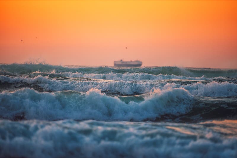 Sunrise Wave and Sea stock image. Image of splash, water - 157653213