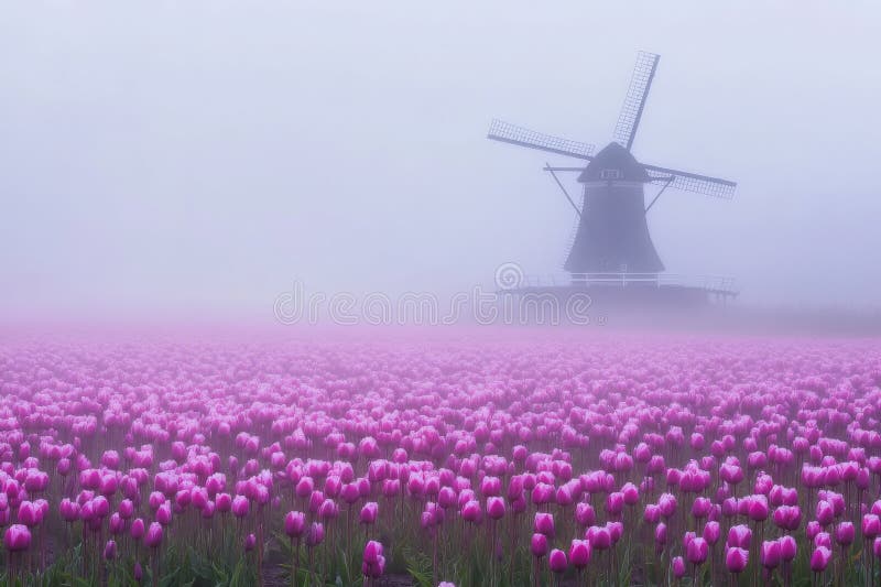 Sunrise with a Windmill in a Flower Field in the Mist. Stock Image ...
