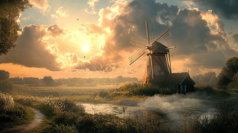Sunrise Windmill Landscape, Misty River, Idyllic Rural Scene Stock ...