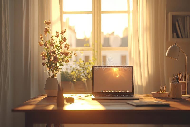 Sunrise through a Window, Laptop on a Desk, Golden Hour Light Stock ...