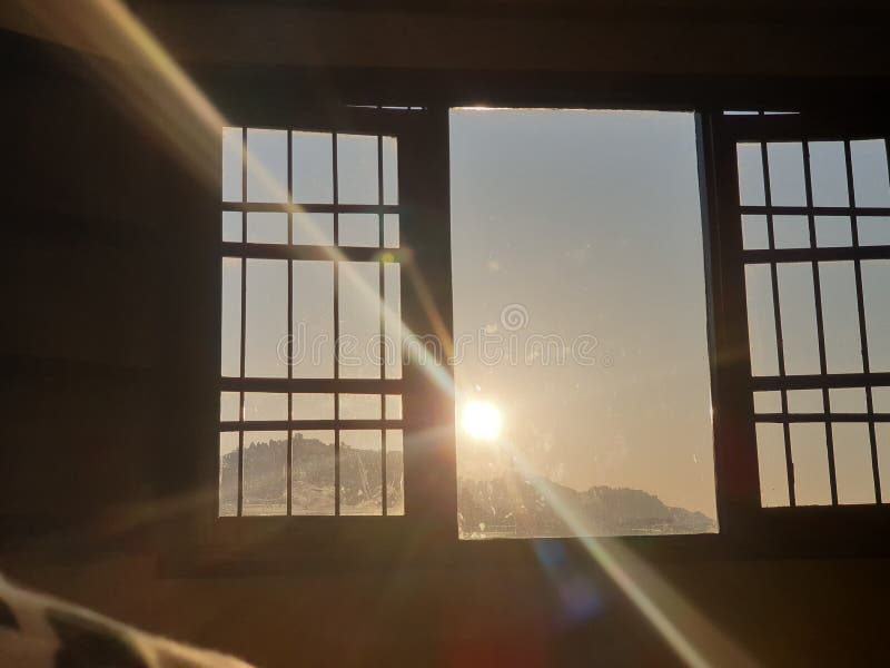 Sunrise in Window Wooden Shutter Stock Image - Image of glass, retro ...