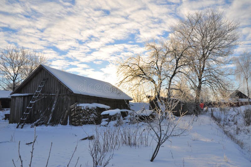 Sunrise in Winter Village Covered Snow and Ice Stock Photo - Image of ...