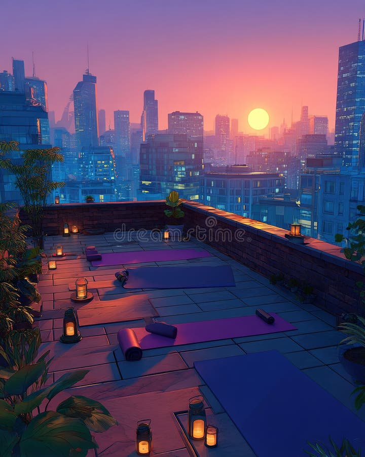 Sunrise Yoga on City Rooftop Stock Illustration - Illustration of ...