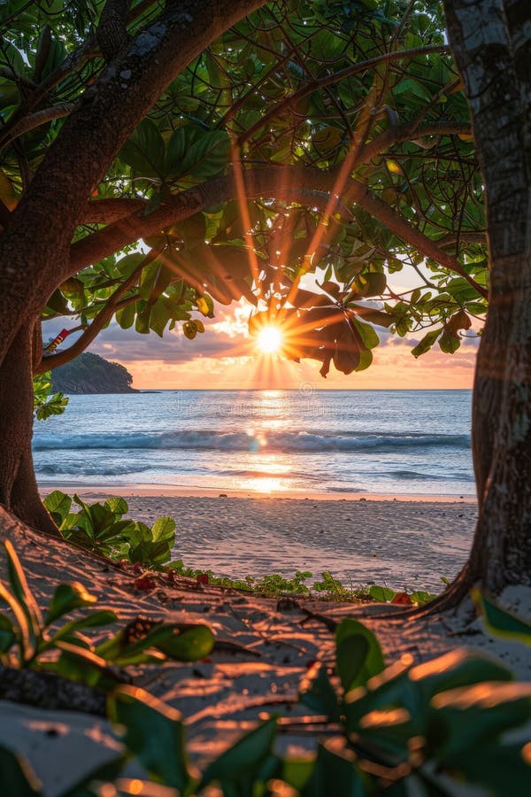 The Suns Rays Filter through the Trees on a Beach, Creating a Warm Glow ...