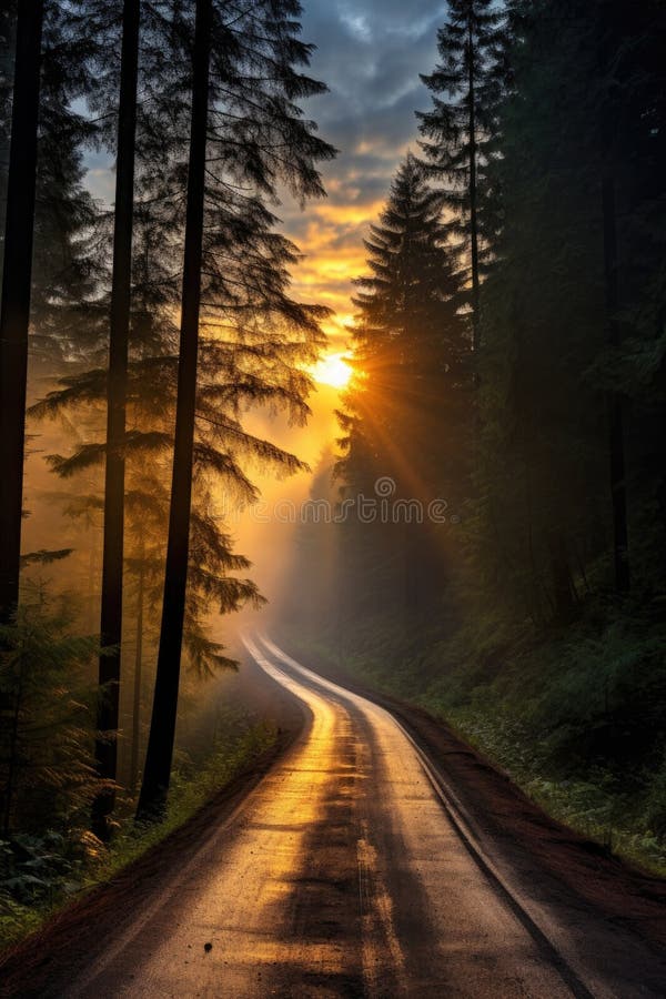 Sun Shining through Trees on Road Stock Illustration - Illustration of ...