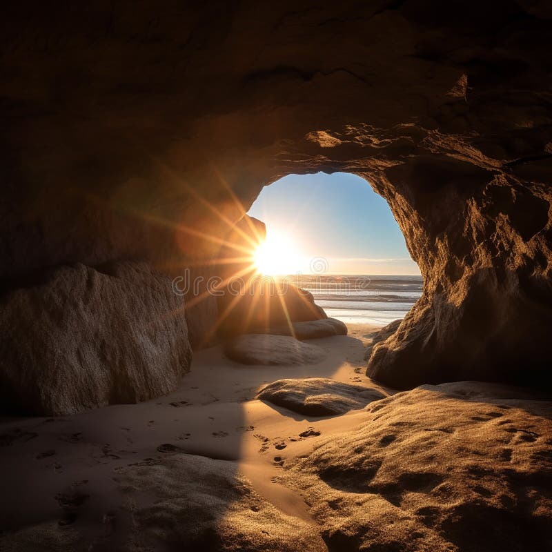 The Suns Rays Illuminate a Cave Opening on a Sandy Beach, Creating a ...