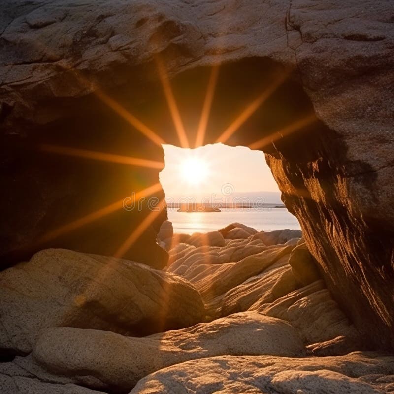 The Suns Rays Illuminate a Cave Opening on a Sandy Beach, Creating a ...