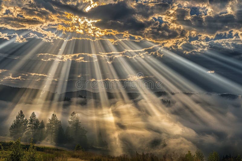 Suns Rays Shining through Clouds Onto a Mountain Peak, Radiant Beams of ...