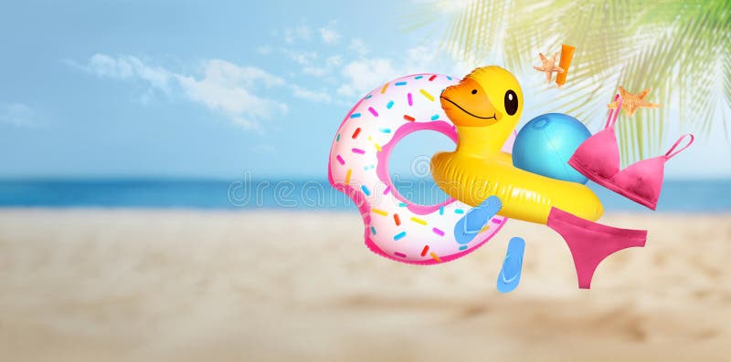 Beach Accessories Flying Over Sandy Banner Design Space Text Stock ...