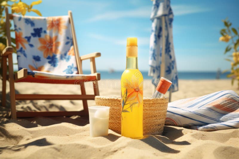 Sunscreen Bottle in a Beach Picnic Setup Stock Photo - Image of bottle ...