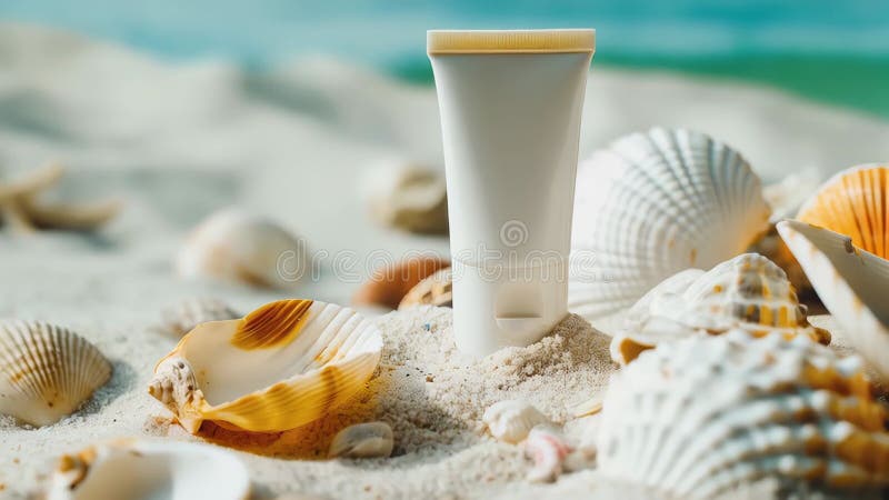 Sunscreen Bottle Resting on Pristine White Sand Near Seashells, Ocean ...