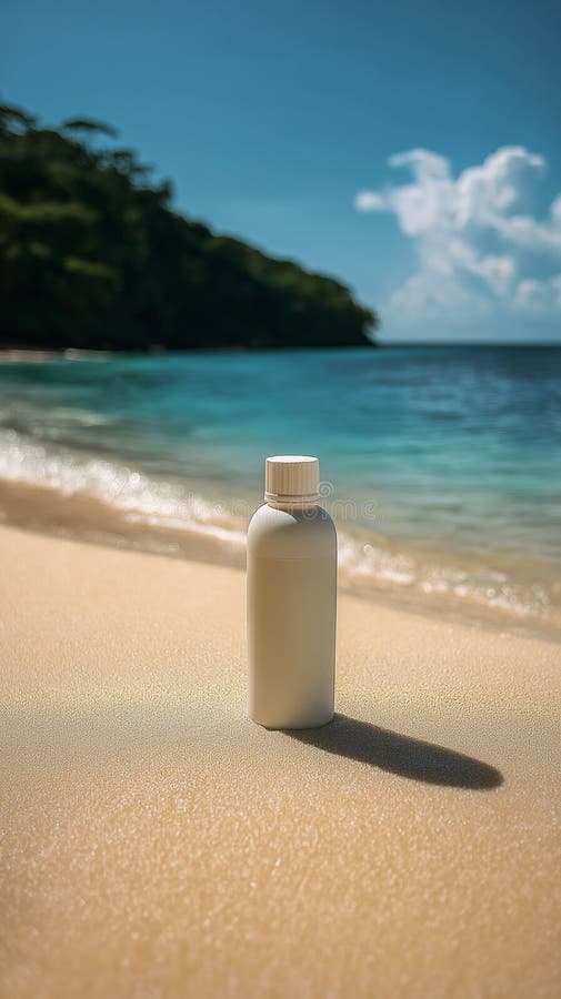 Sunscreen Bottle Resting on Sandy Beach, Turquoise Waves and Lush ...