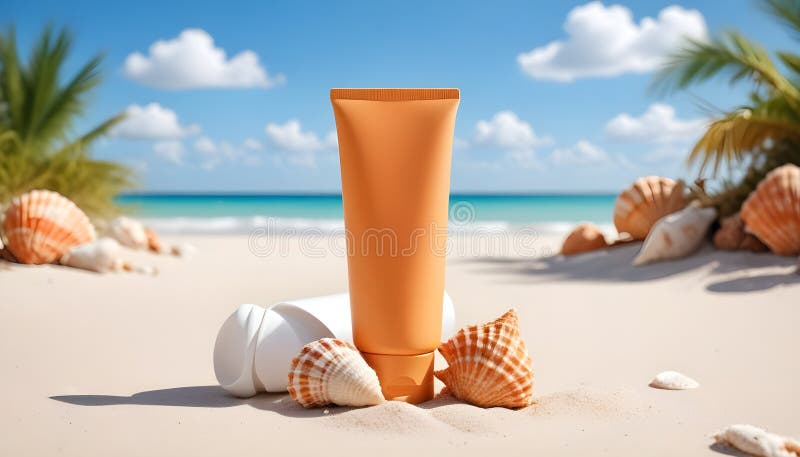 A Sunscreen Bottle on a Sandy Beach with Seashells, Against a Blue Sky ...