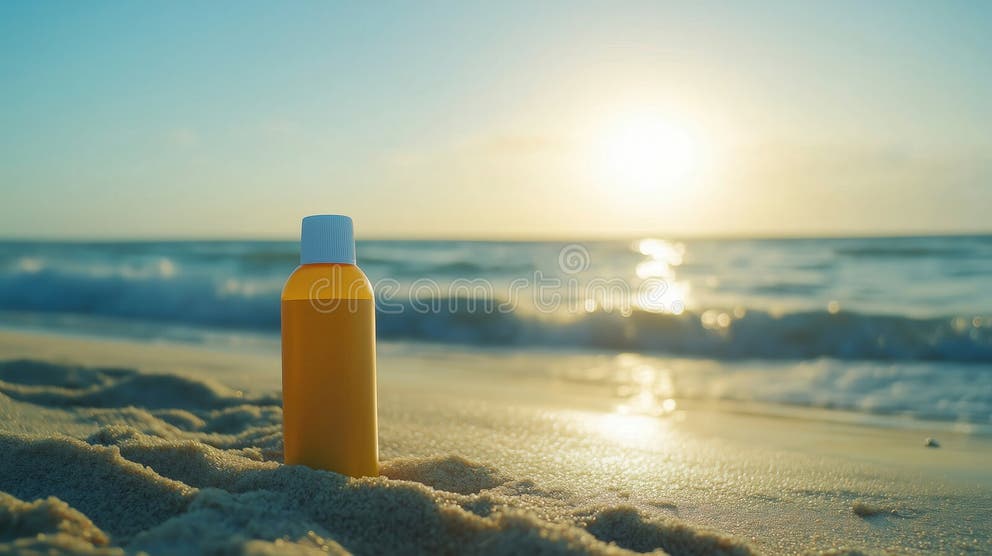 Sunscreen Bottle on Sandy Beach at Sunset Stock Photo - Image of ...