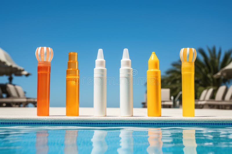 Sunscreen Bottles with Different Spf Levels on Pool Edge Stock Image ... Sunscreen Bottles with Different Spf Levels on Pool Edge Stock Image ...