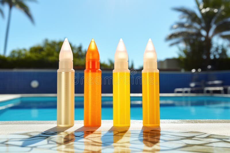 Sunscreen Bottles with Different Spf Levels on Pool Edge Stock ... Sunscreen Bottles with Different Spf Levels on Pool Edge Stock ...