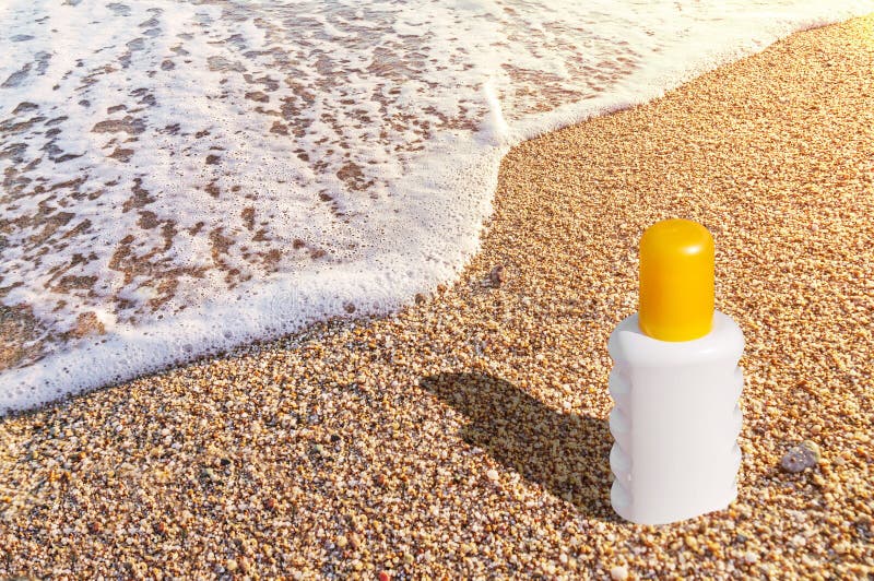 Sunscreen Cream Bottle on the Beach Stock Photo - Image of cosmetic ...