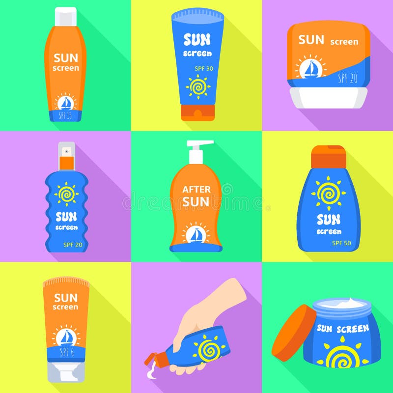 Sunscreen Icons Set, Flat Style Stock Vector - Illustration of child ...