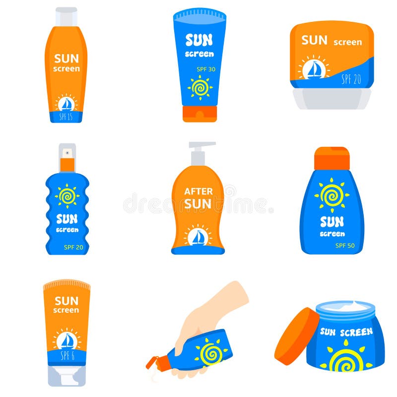 Sunscreen Icons Set, Flat Style Stock Vector - Illustration of sign ...