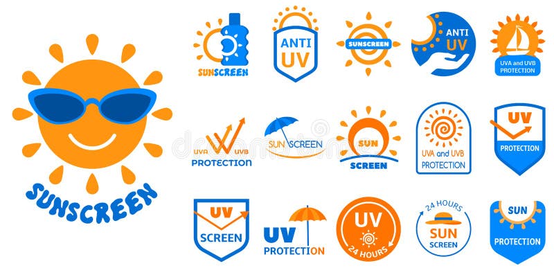 Sunscreen Logo Set, Flat Style Stock Vector - Illustration of spray ...