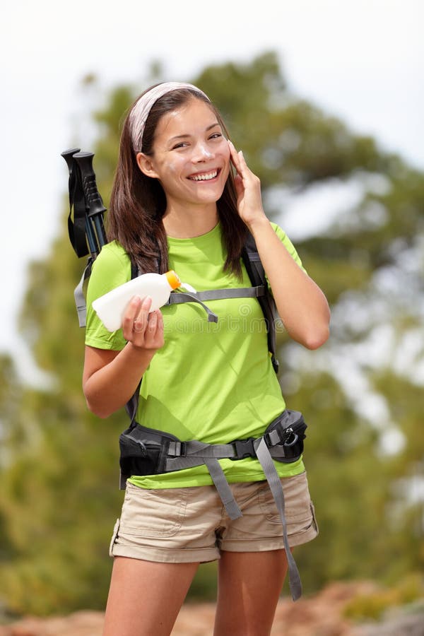 Sunscreen Woman Hiking Applying Sun Lotion Stock Image - Image of asian ...