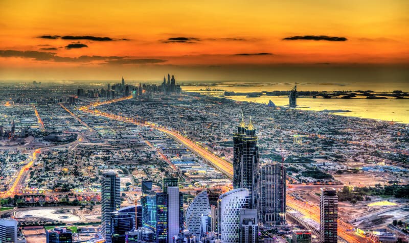 Sunset Above Dubai - United Arab Emirates Stock Image - Image of burj ...