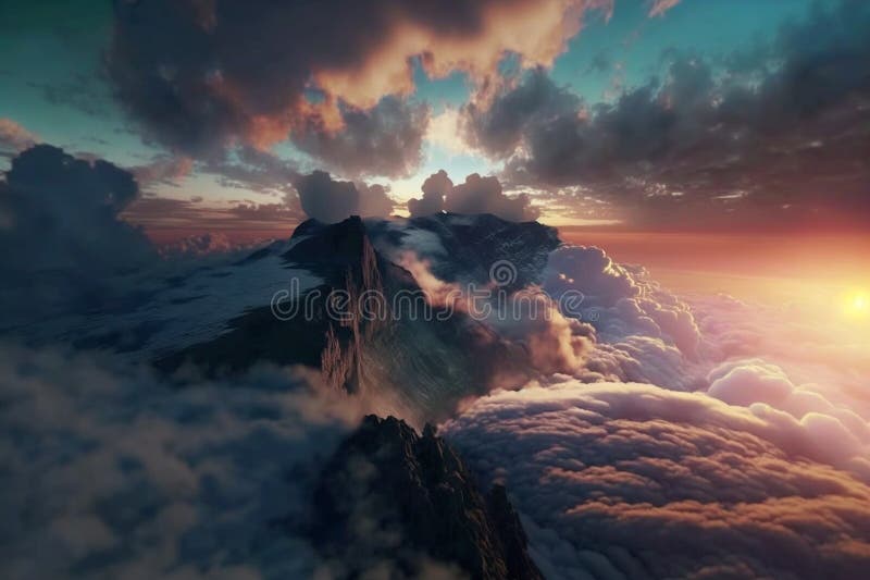 A Sunset Above a Mountain Range with the Sun Setting Behind it Stock ...