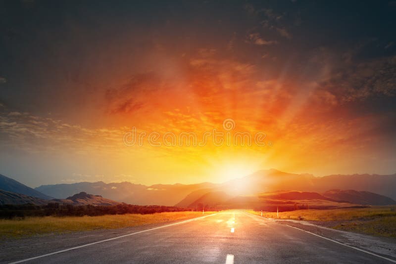 Road Trip - Scenic Landscape with Highway Stock Image - Image of sunset ...