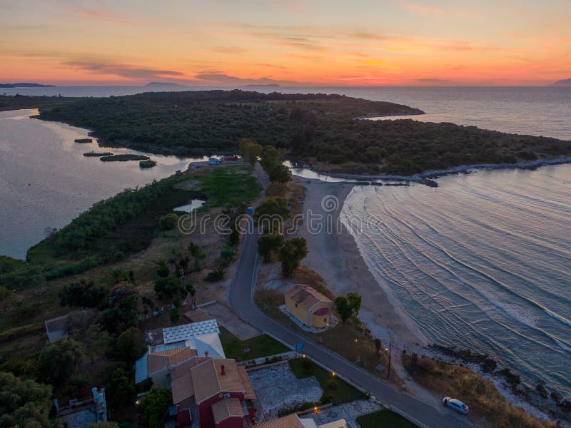 Sunset Aerial View of a Coastal Town and Beach Stock Photo - Image of ...
