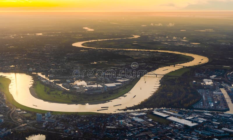 Sunset Aerial View of Dusseldorf Rhein River with Bridge in Germany ...