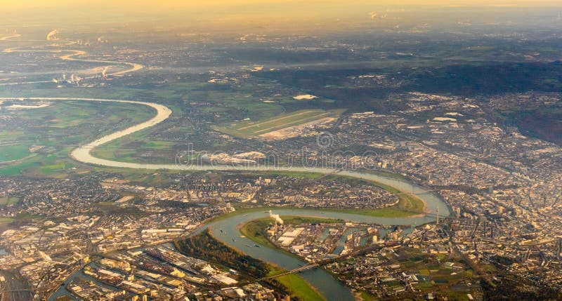 Sunset Aerial View of Dusseldorf Rhein River with Bridge in Germany ...