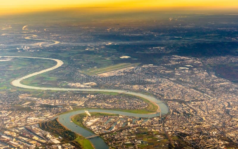 Sunset Aerial View of Dusseldorf Rhein River with Bridge in Germany ...