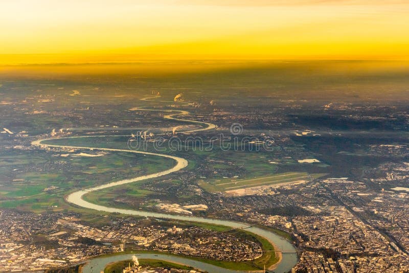 Sunset Aerial View of Dusseldorf Rhein River with Bridge in Germany ...