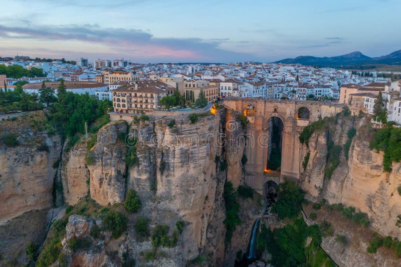 Sunset Aerial View of Spanish Town Ronda. Stock Image - Image of gorge ...