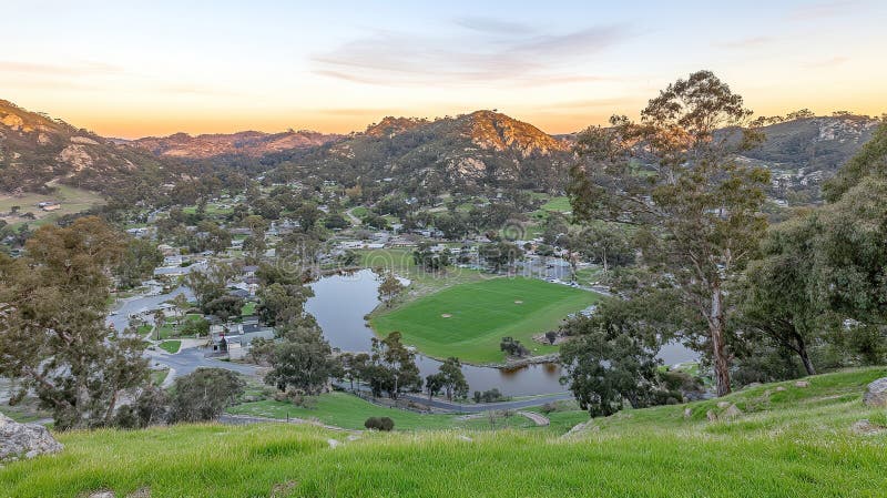 Sunset Aerial View of Valley Town, Golf Course, Lake Stock Image ...