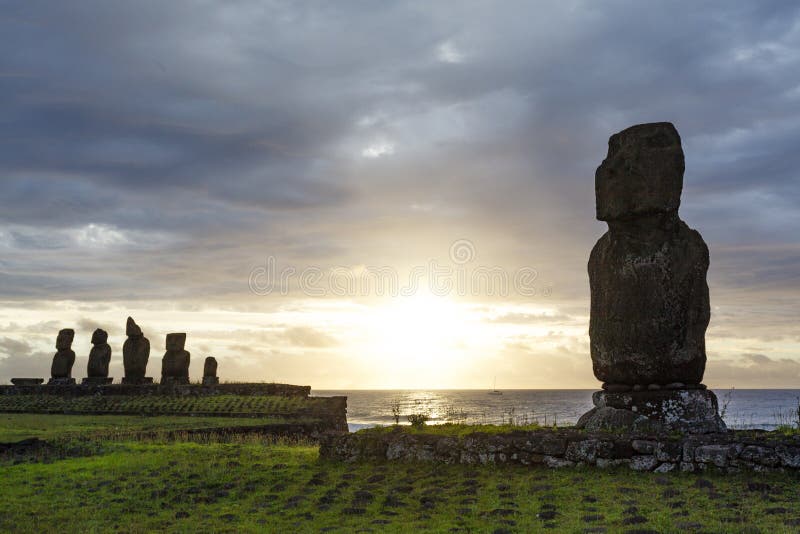 Sunset at Ahu Tahai, Site with Moai Statues at Easter Island, Chile ...