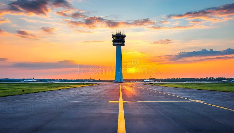 Sunset at the Airport Control Tower Stock Illustration - Illustration ...