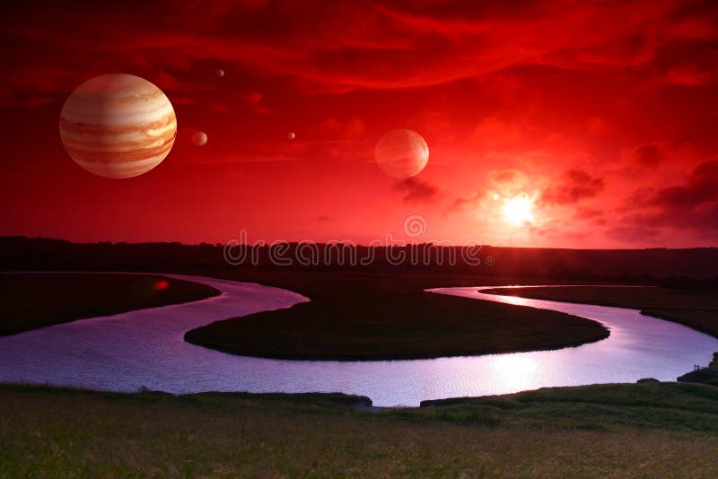 Sunset on alien world stock illustration. Illustration of purple - 5712985