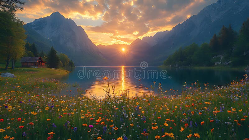 Sunset Alpine Lake Cabin Wildflowers Stock Illustration - Illustration ...