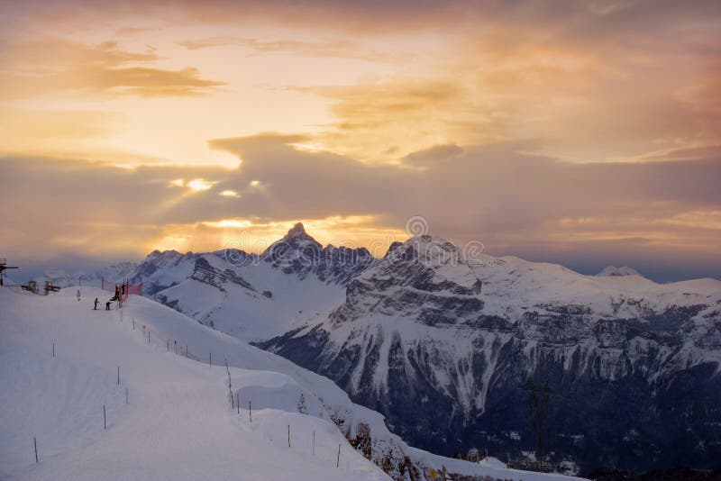 Sunset in Alps stock photo. Image of skis, alpines, hill - 10900878