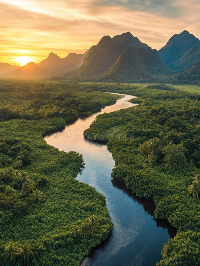 Sunset in the Amazon Rainforest Stock Image - Image of generated ...